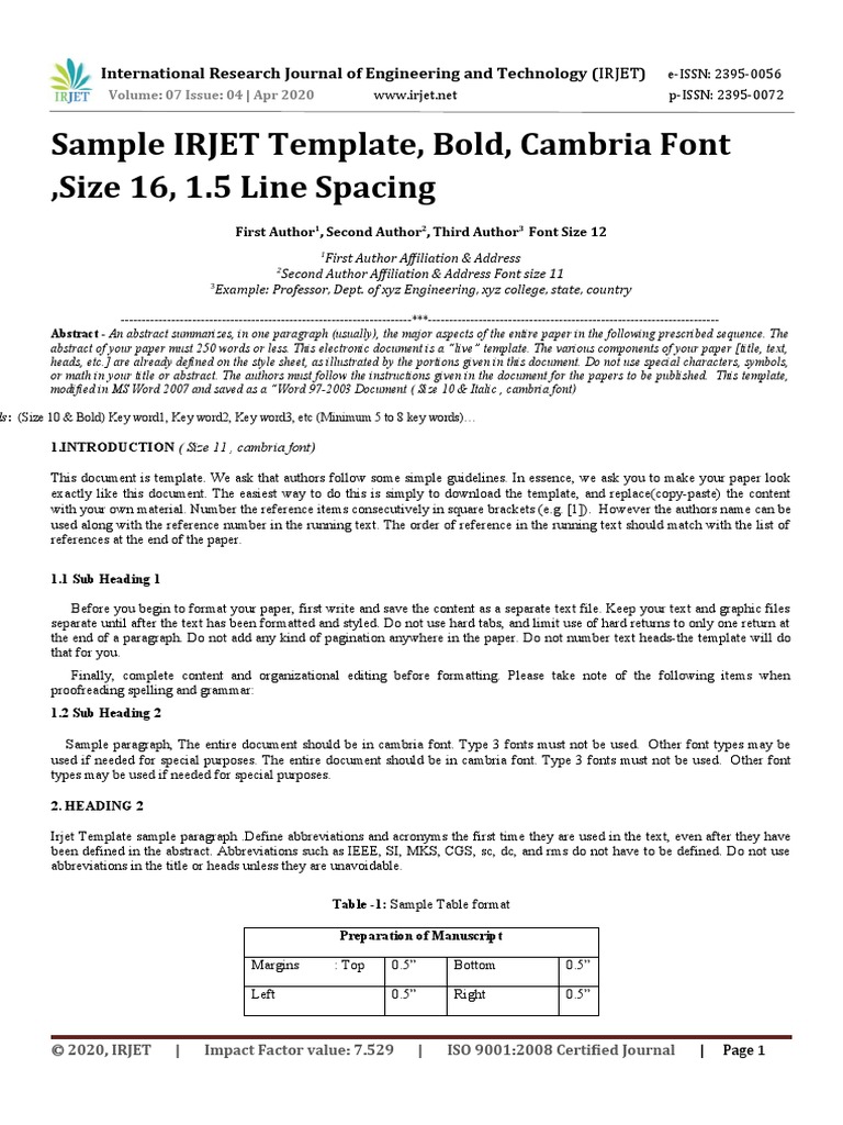 Sample IRJET Template, Bold, Cambria Font, Size 16, 1.5 Line Spacing ...