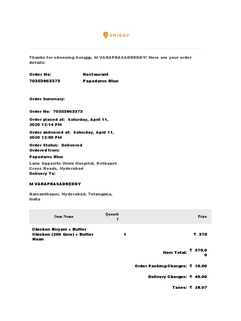Swiggy Order Confirmation for M Varaprasadreddy | PDF