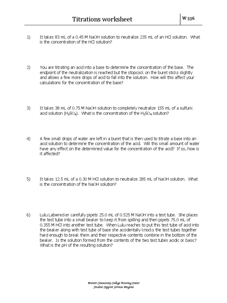 w336 Titrations Worksheet PDF | PDF | Titration | Chemistry