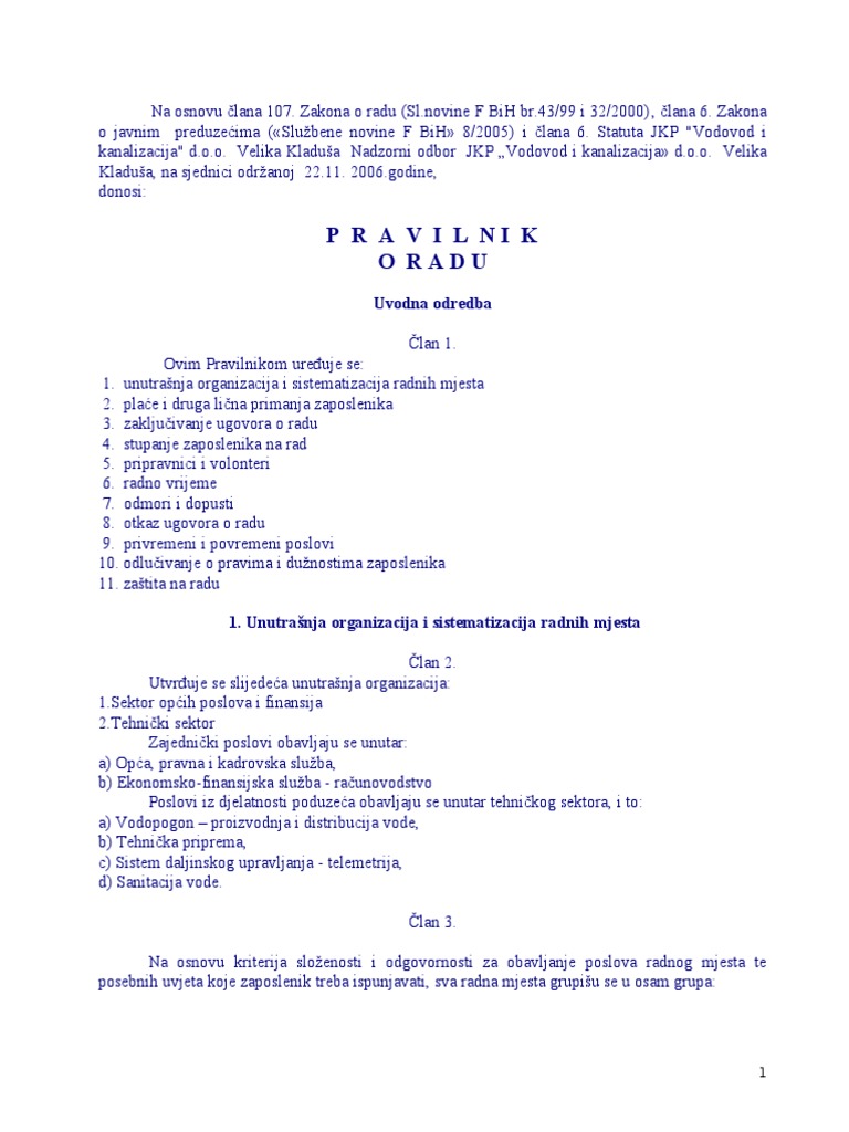 Pravilnik o radu-JP Velika Kladuša | PDF