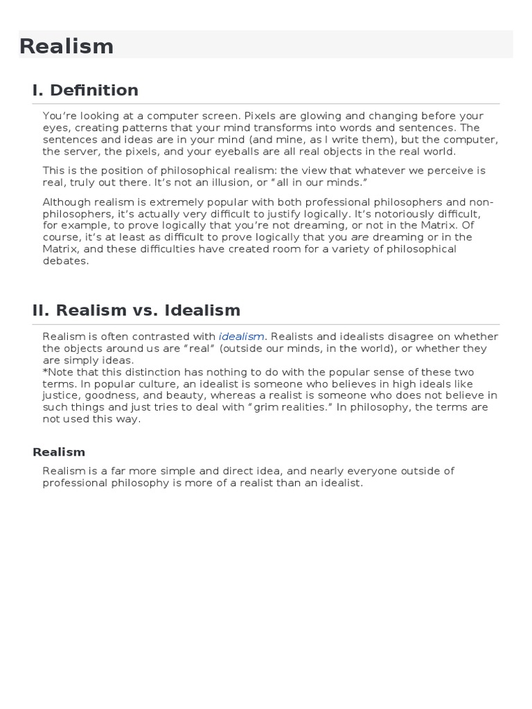 Realism: I. Definition | PDF | Idealism | Philosophical Realism