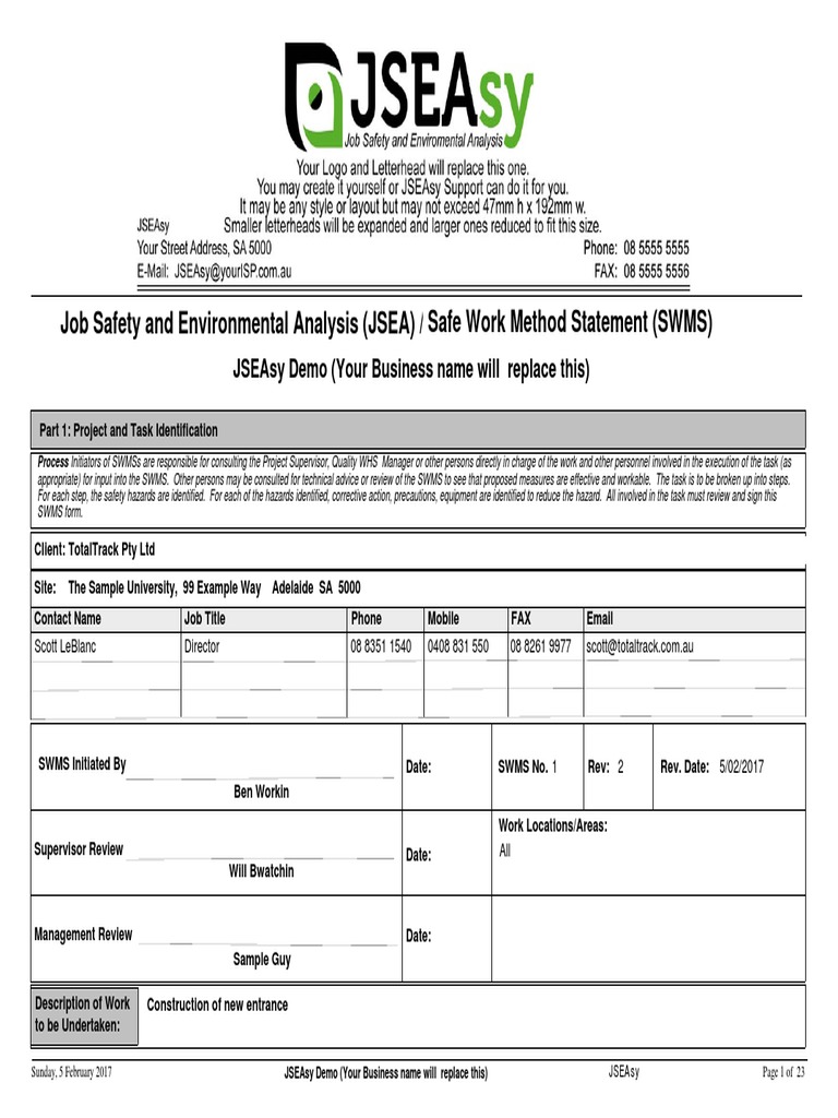 JSEA - SWMS - Example - Construction - of - New - Entrance - 2 PDF ...