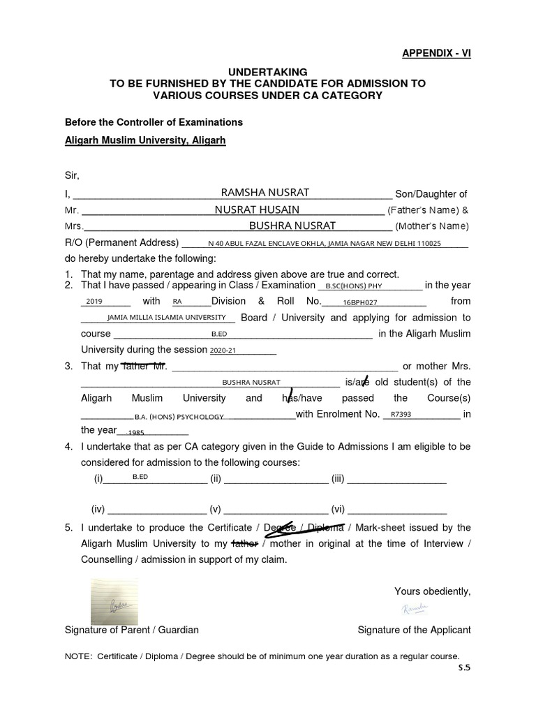Undertaking To Be Furnished by The Candidate For Admission To Various ...