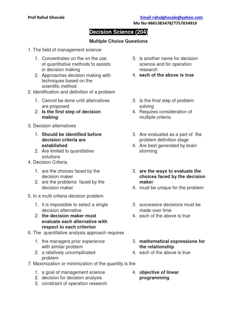Decision Science MCQ PDF | PDF | Linear Programming | Mathematical Optimization