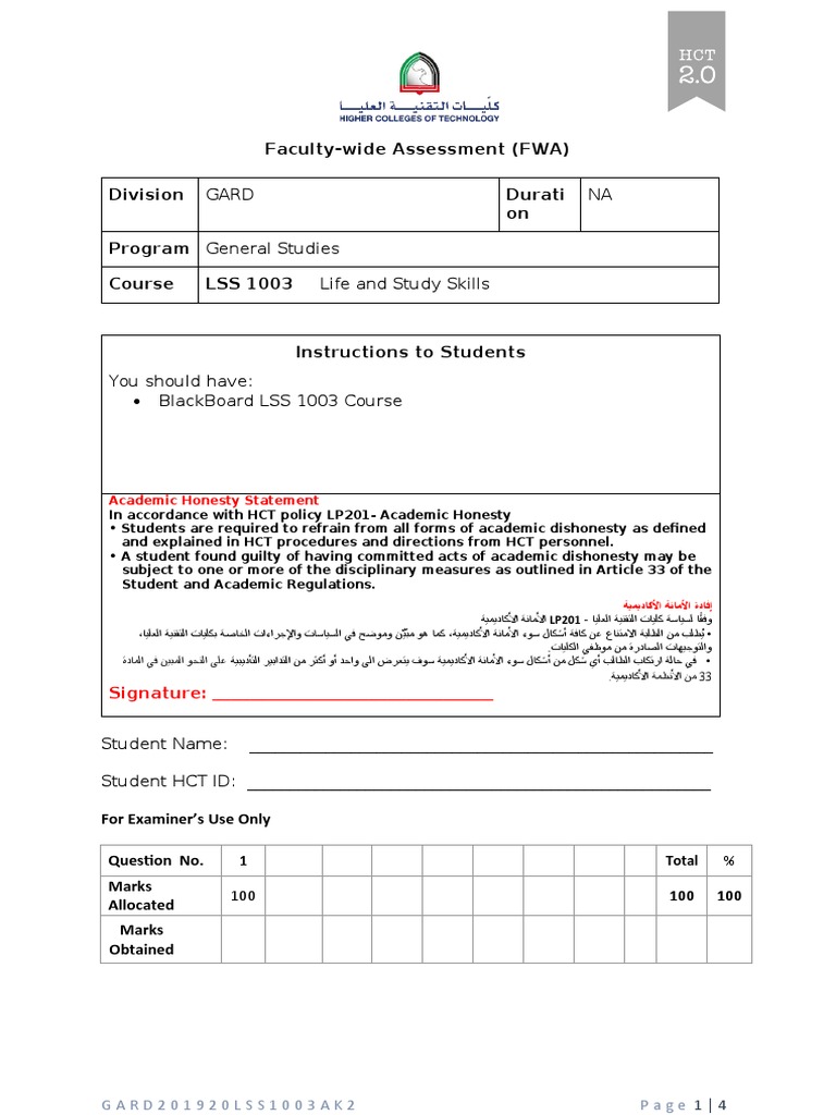 Faculty-Wide Assessment (FWA) Division Durati On Program General ...