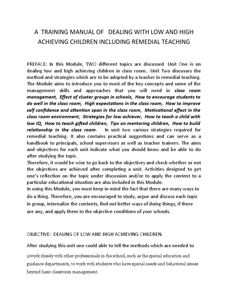 A Training Manual of Dealing With Low and High Achieving Children ...