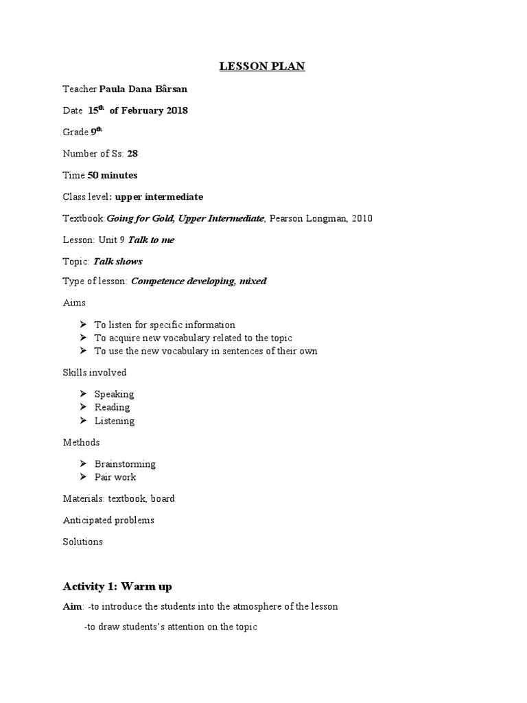 Lesson Plan: Talk Shows Unit 9 | PDF | Lesson Plan | Applied Psychology