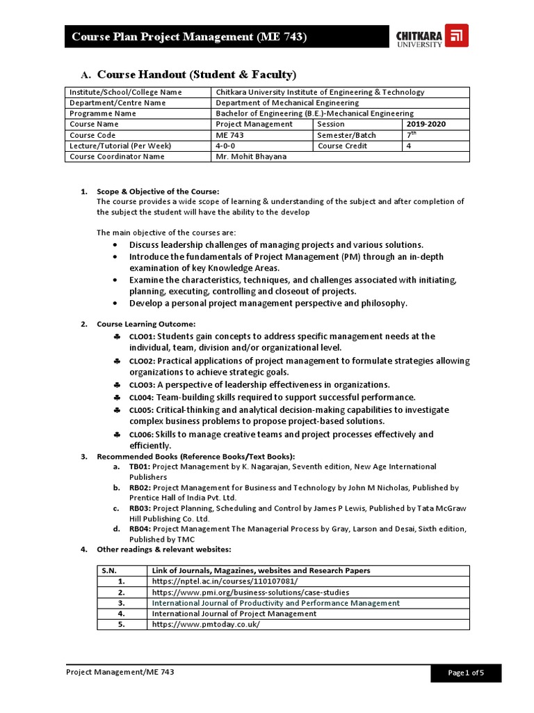 Course Handout (Student & Faculty) : Course Plan Project Management (ME ...