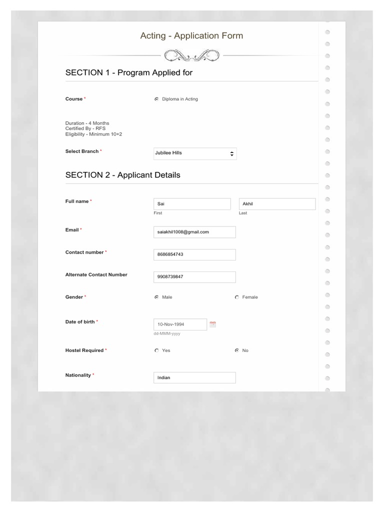 Acting - Application Form: SECTION 1 - Program Applied For | PDF