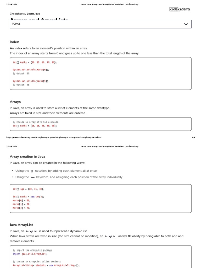 Learn Java Arrays And Arraylists Cheatsheet Codecademy Pdf Pdf Array Data Structure 0959