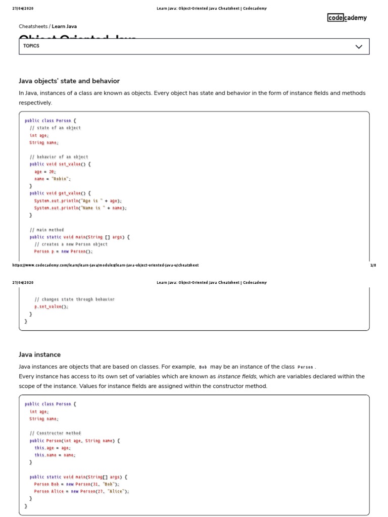 Learn Java Object Oriented Java Cheatsheet Codecademy Pdf Pdf Method Computer