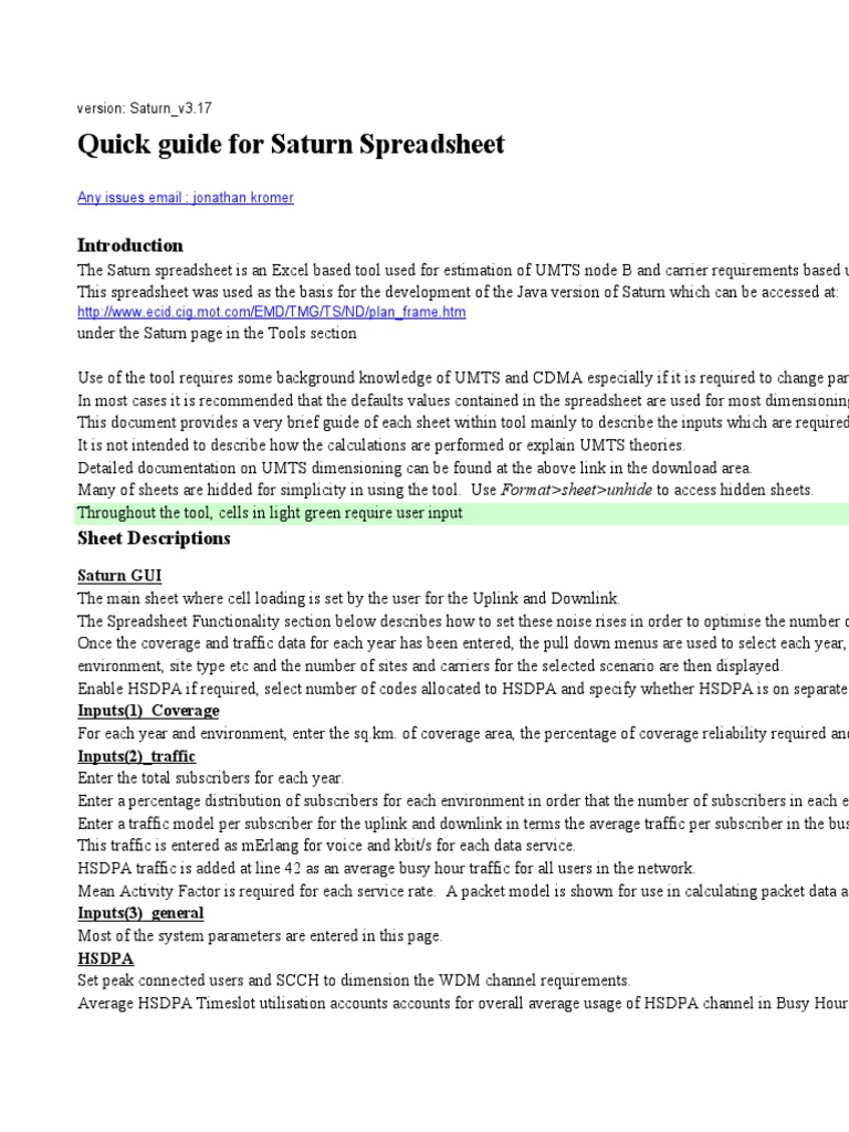 Quick Guide For Saturn Spreadsheet: Any Issues Email: Jonathan Kromer ...
