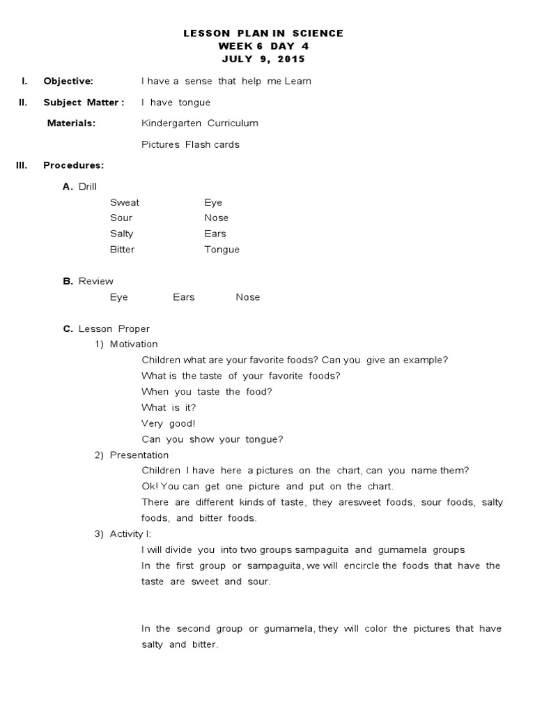 Kindergarten Taste Exploration Lesson | PDF | Taste | Lesson Plan