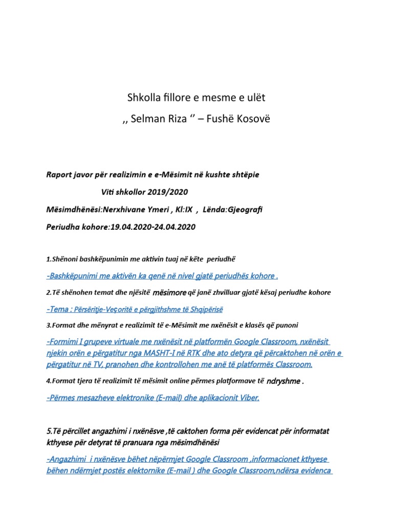 Shkolla Fillore e Mesme e Ulët ,, Selman Riza ' - Fushë Kosovë | PDF
