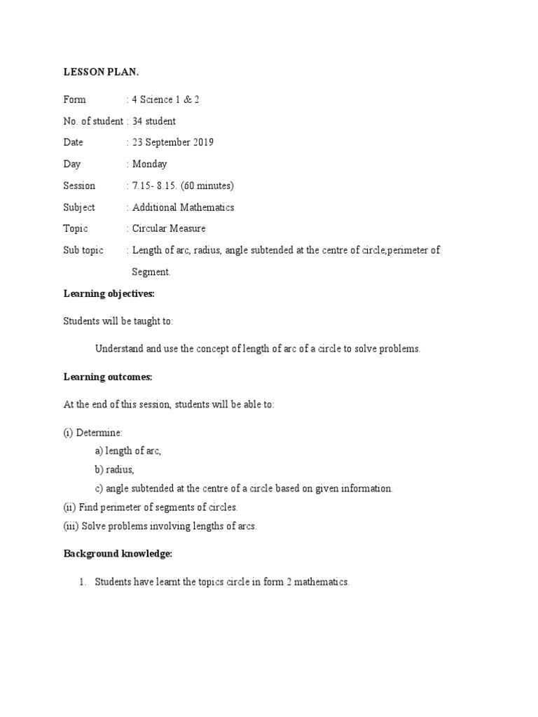 Circular Measure FORM 4 - LESSON PLAN | PDF | Lesson Plan ...