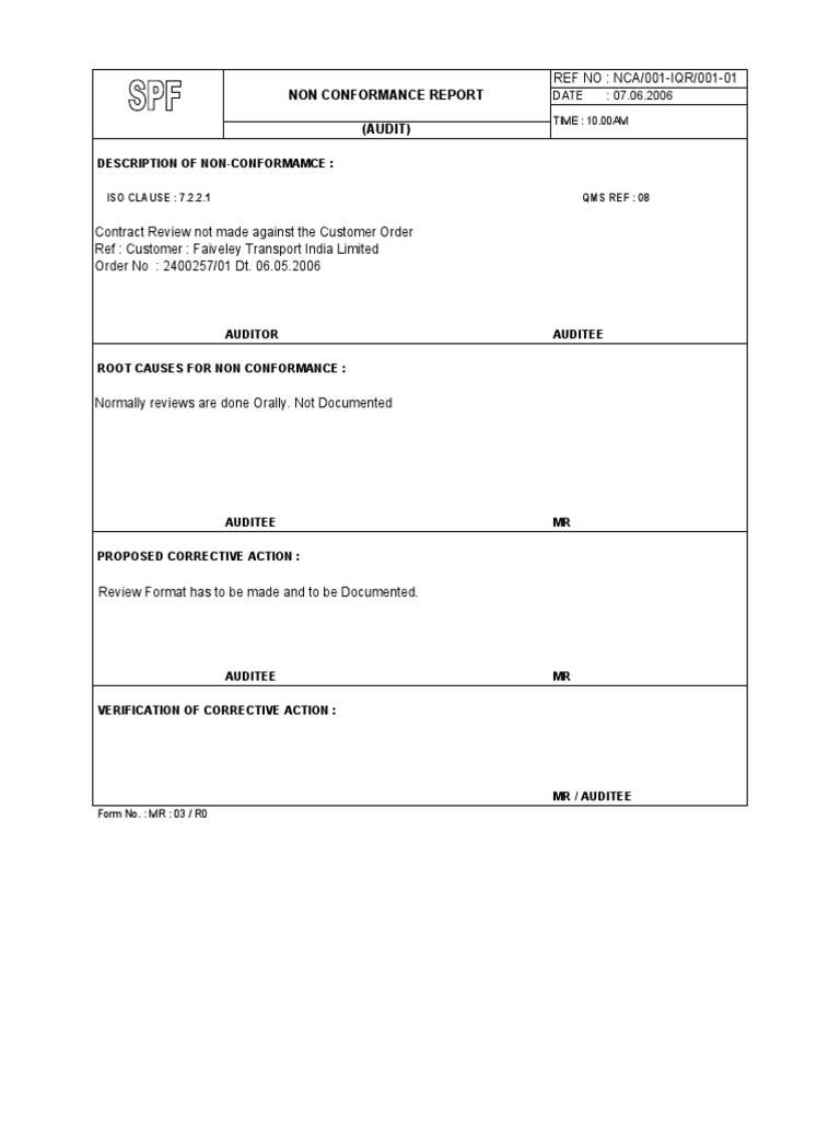 Non Conformance Report (Audit) : Description of Non-Conformamce | PDF ...