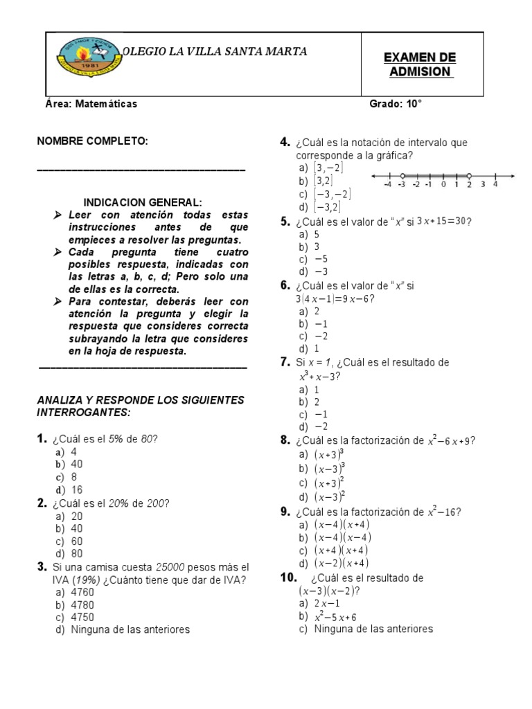 Examen de Admision 10mo | PDF | Enseñanza de matemática | Science