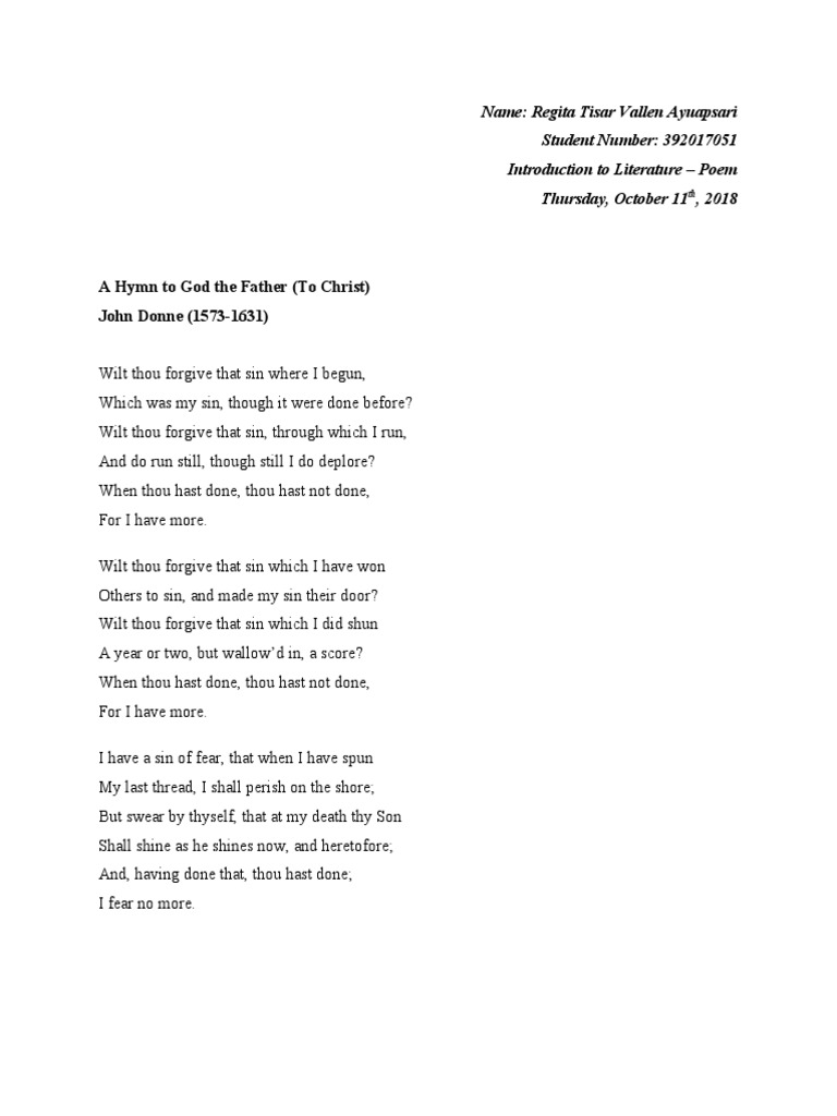 A Hymn To God The Father (To Christ) John Donne (1573-1631) | PDF ...