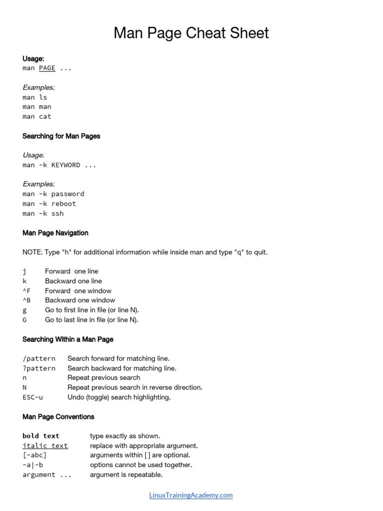 Man Page Cheat Sheet: Examples | PDF