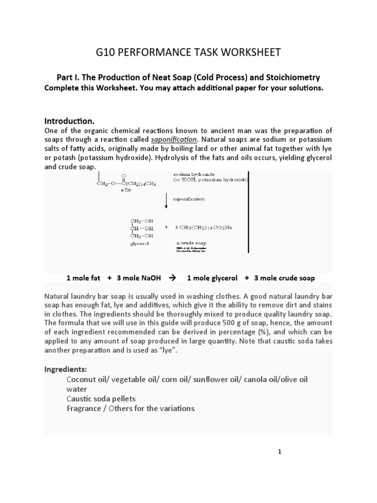 G10 Performance Task Worksheet: Part I. The Production of Neat Soap (Cold Process) and ...