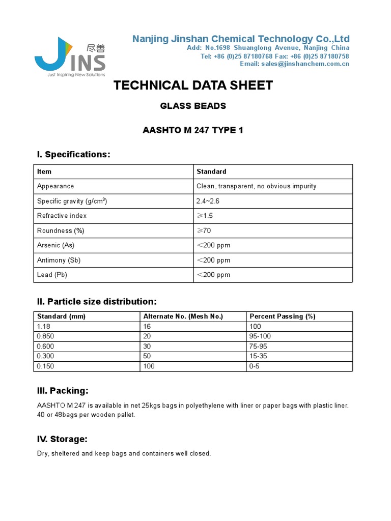 TDS Glass Beads Aashto M 247 Type 1 | PDF