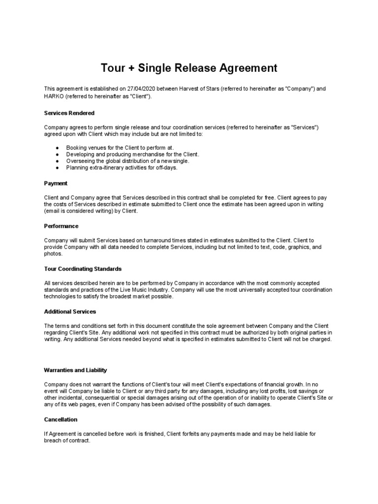 Tour Single Release Agreement | Download Free PDF | Damages | Contract Law
