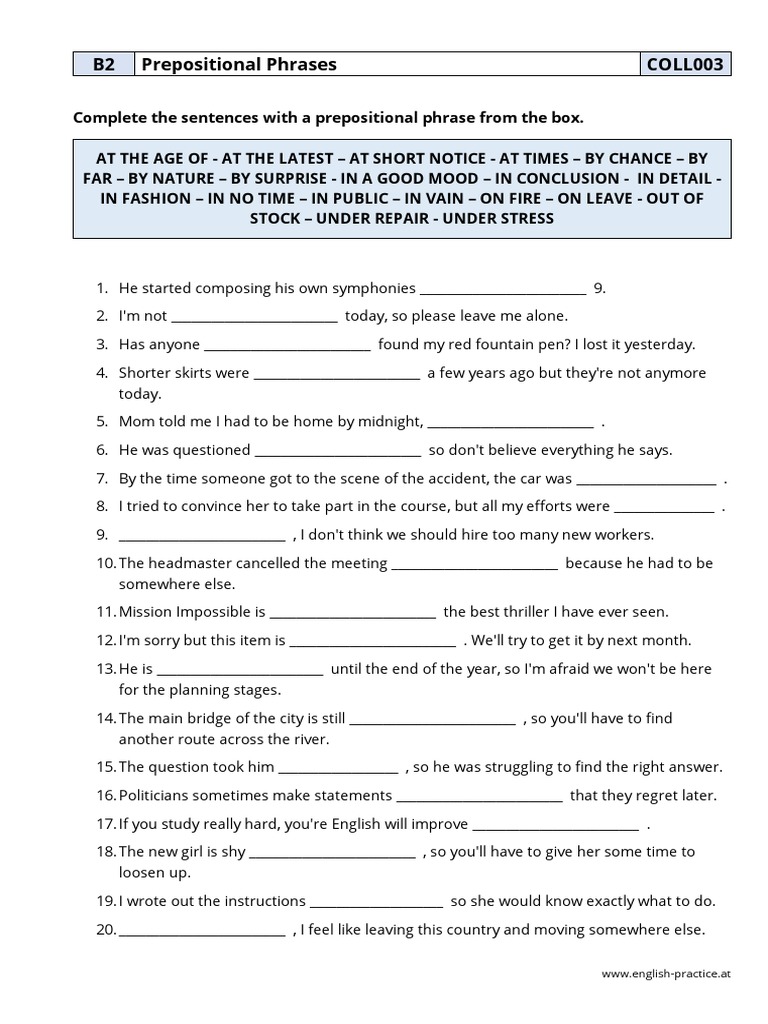 B2 Prepositional Phrases Worksheet | PDF