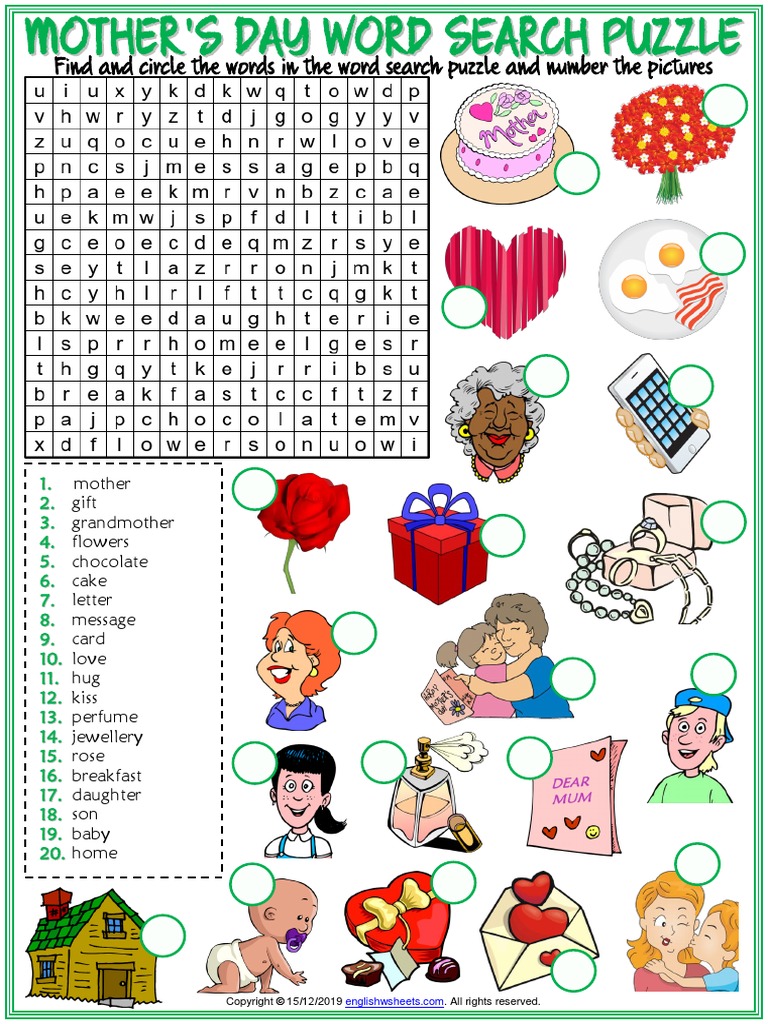Mothers Day Vocabulary Esl Word Search Puzzle Worksheet For Kids | PDF