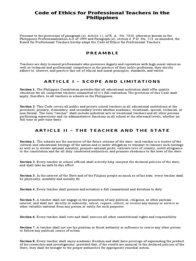 Code of Ethics For Professional Teachers in The PH | PDF | Profession ...