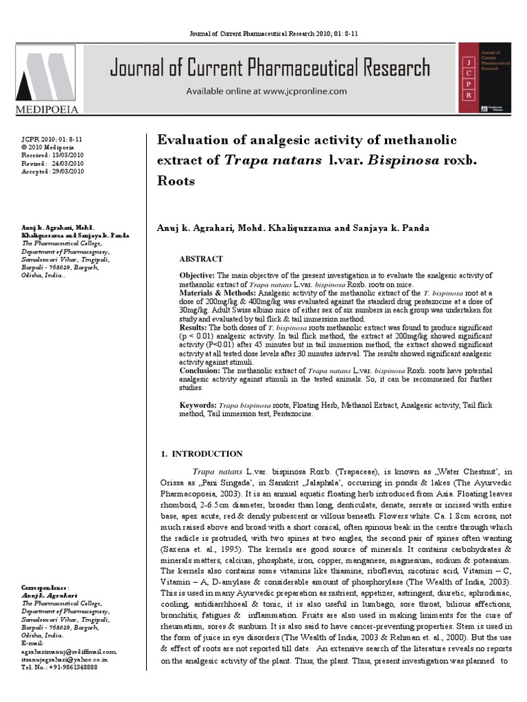 Evaluation of Analgesic Activity of Methanolic Extract of Trapa Natans ...