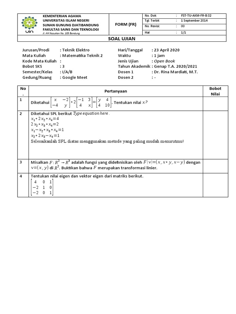 Soal UTS Matek 2 | PDF