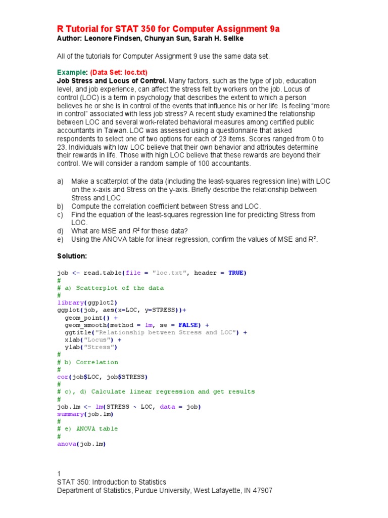 R Tutorial For STAT 350 For Computer Assignment 9a: Example | PDF | Errors And Residuals ...