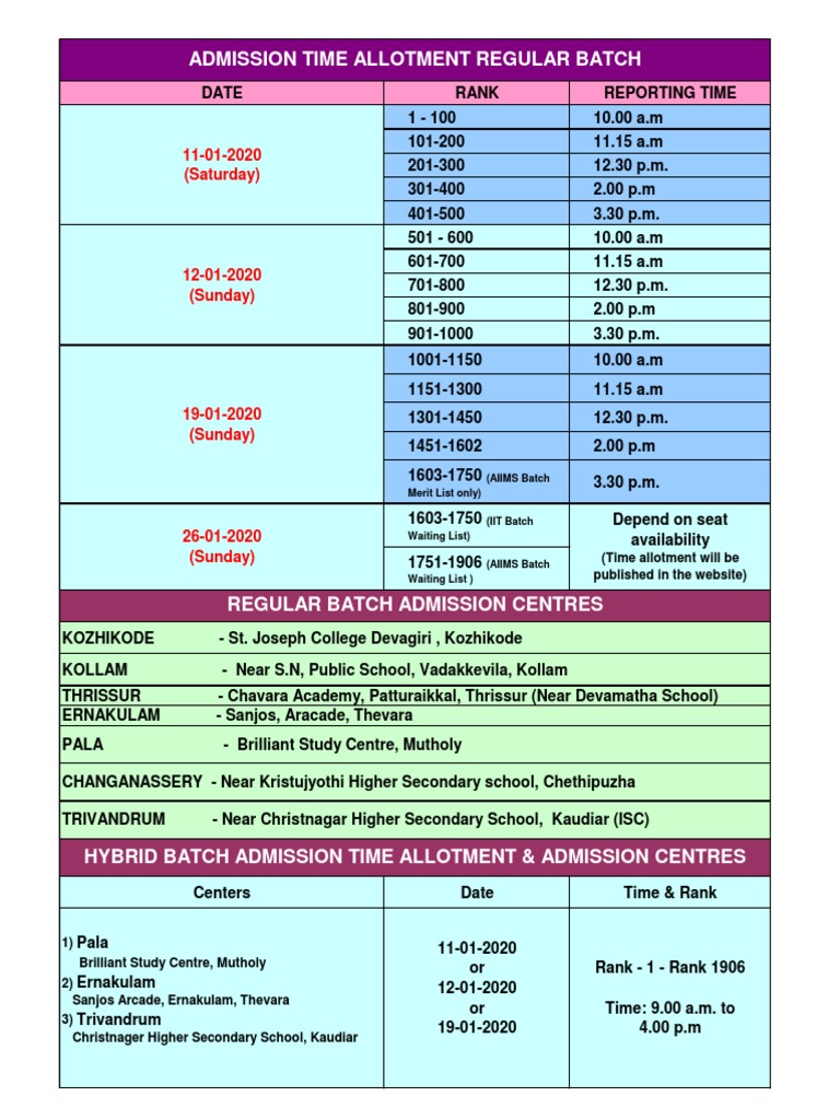 Admission Time Allotment Regular Batch: 11-01-2020 (Saturday) | PDF ...