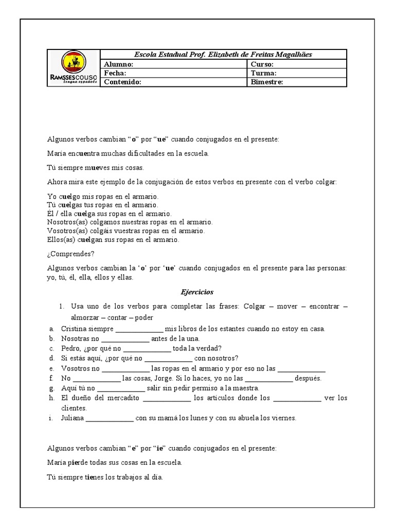 Ejercicios Verbos Irregulares Pdf Verbo