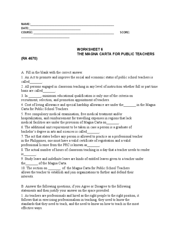 Teacher's Magna Carta Worksheet | PDF | Teachers | Cognition