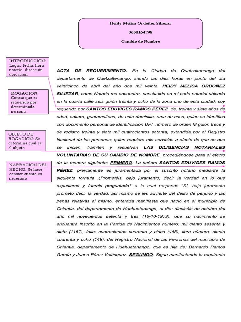 Acta De Requerimiento De Cambio De Nombre Pdf Información Del