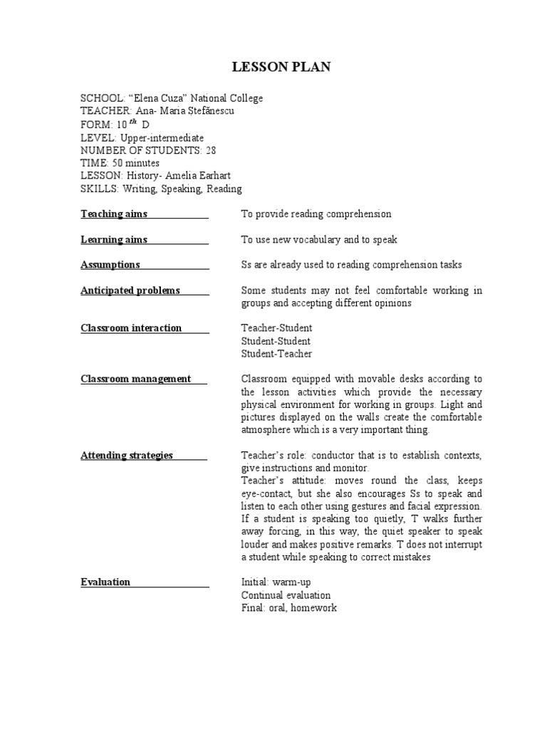 Lesson Plan: Teaching Aims Learning Aims Assumptions Anticipated ...