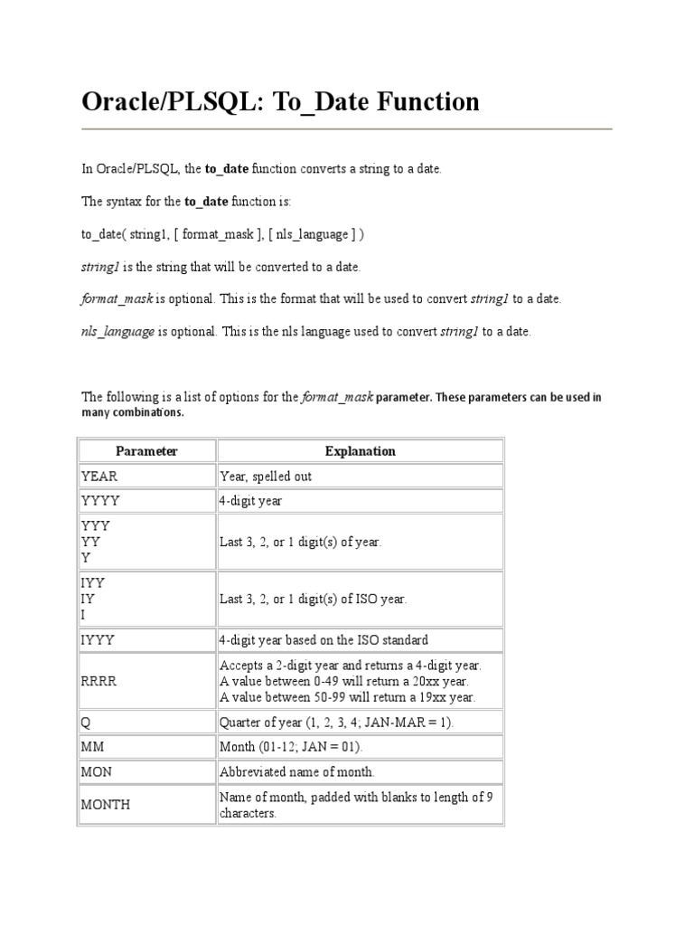 Oracle/PLSQL: To - Date Function: Parameter Explanation | PDF | Pl/Sql | Software Engineering