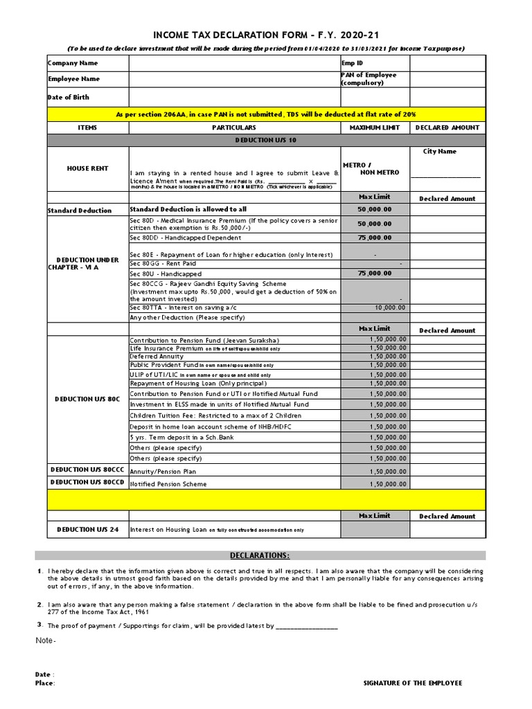 Employee Declaration Form FY 2020-21 | PDF | Loans | Pension