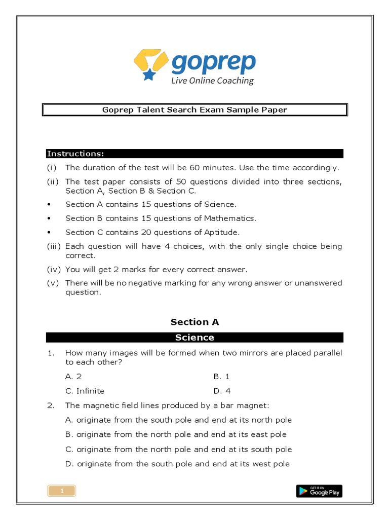 Goprep Talent Search Exam Sample Paper: Instructions | PDF | Area | Atoms