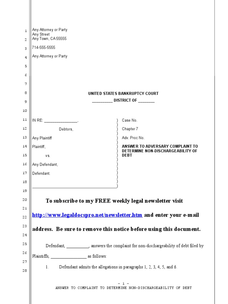 Sample Answer To Adversary Complaint in United States Bankruptcy Court ...