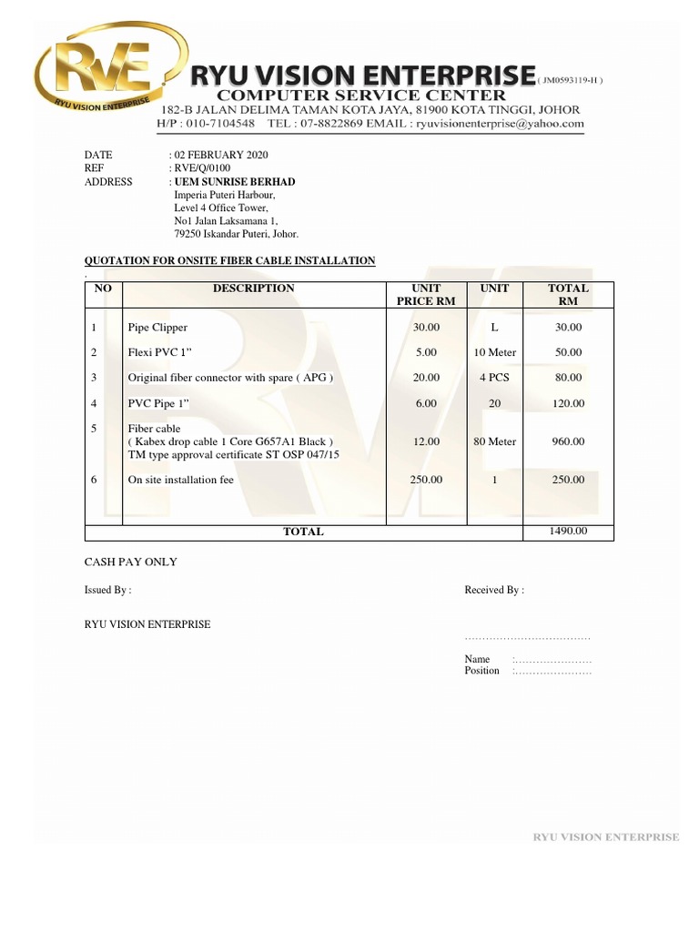 NO Description Unit Price RM Unit Total RM: Quotation For Onsite Fiber ...