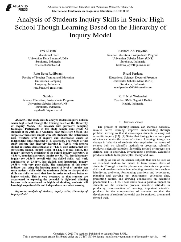 Analysis of Students Inquiry Skills in Senior High School Though ...