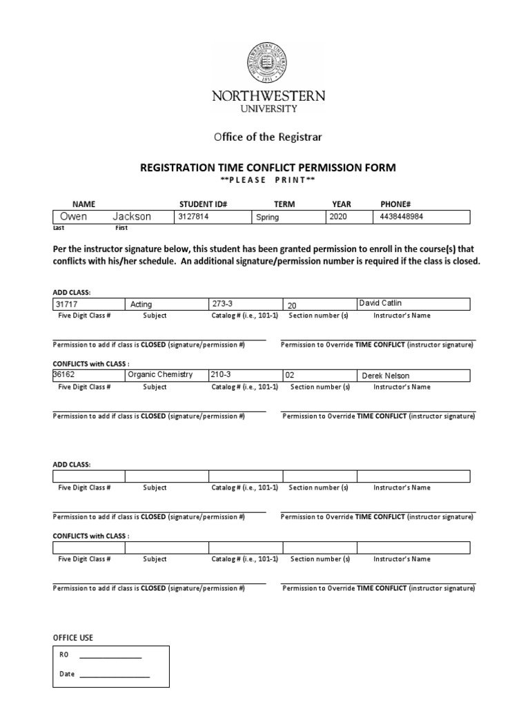 Registration Time Conflict Permission Form: Office of The Registrar | PDF