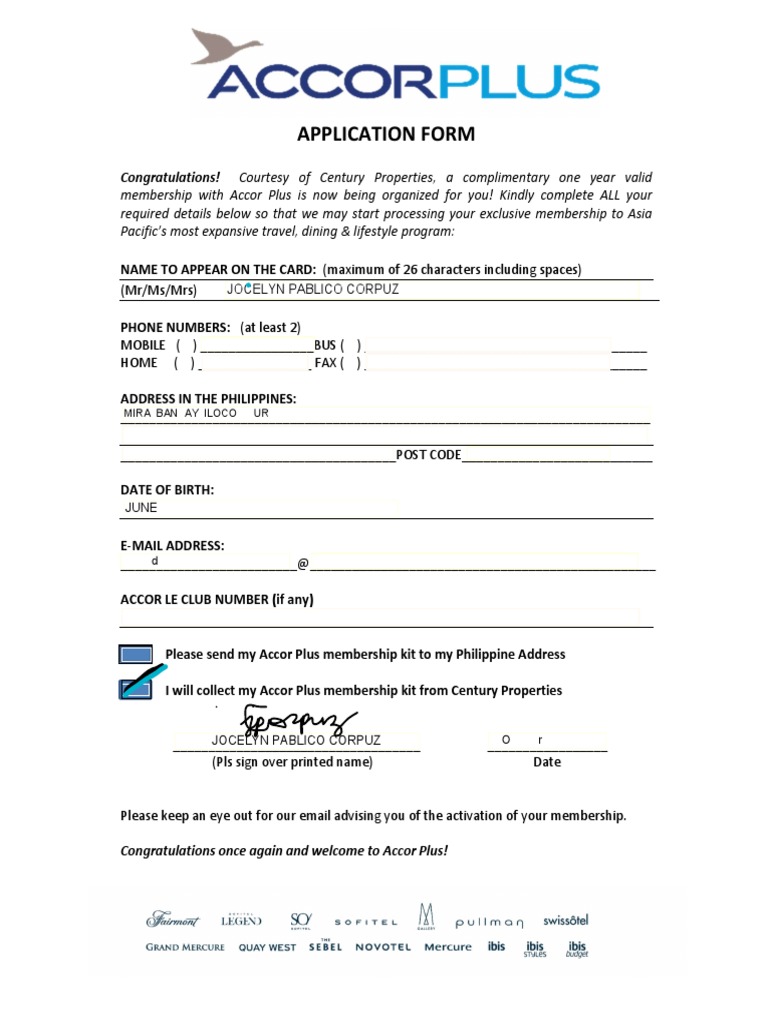 Accor Plus Application Form - Editable PDF | PDF