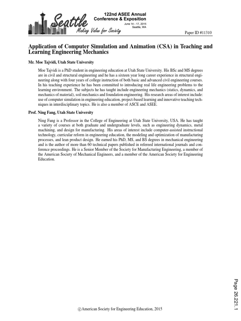 Application of Computer Simulation and Animation Csa in Teaching and Learning Engineering ...