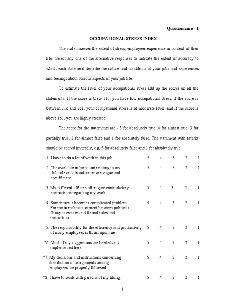 Questionnaire - 1 Occupational Stress Index | PDF | Psychological Concepts | Behavioural Sciences