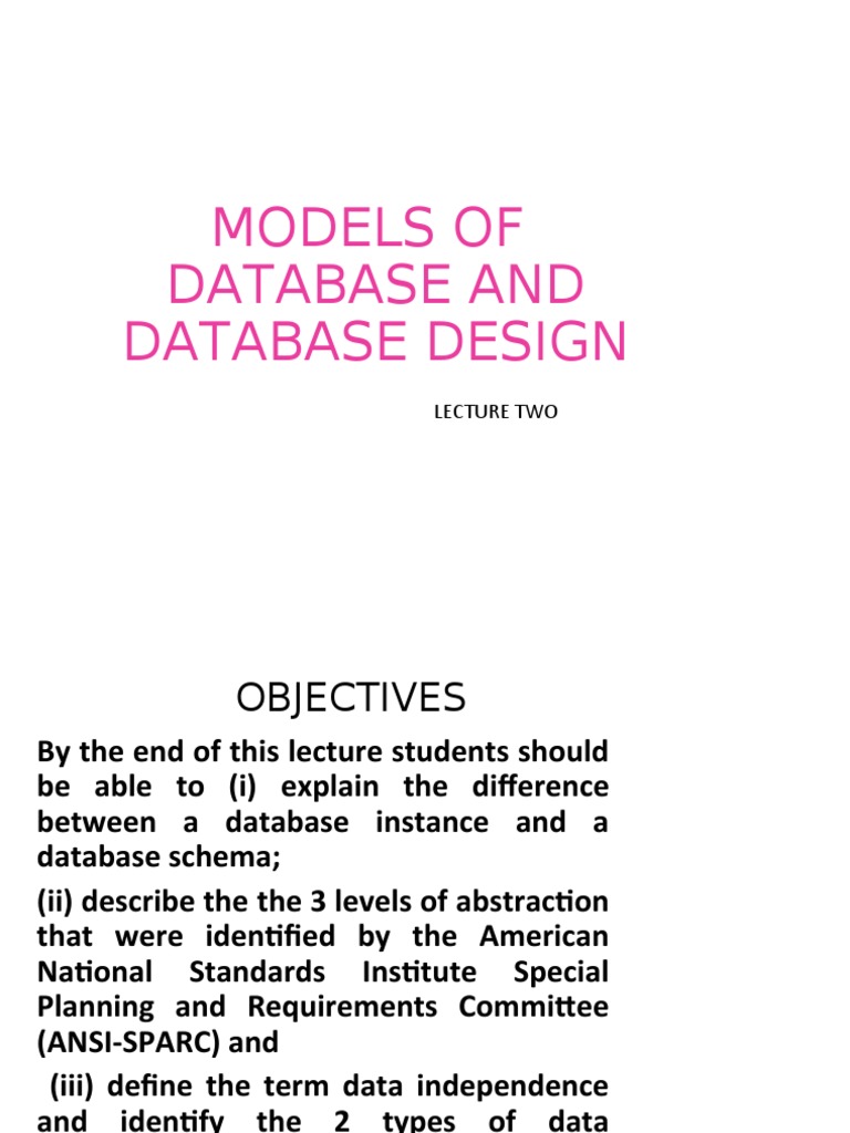 Models Of Database And Database Design Lecture Two Pdf Database