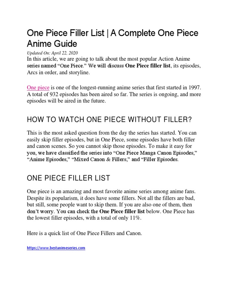 One Piece Filler List - Complete One Piece Episode Guide | PDF