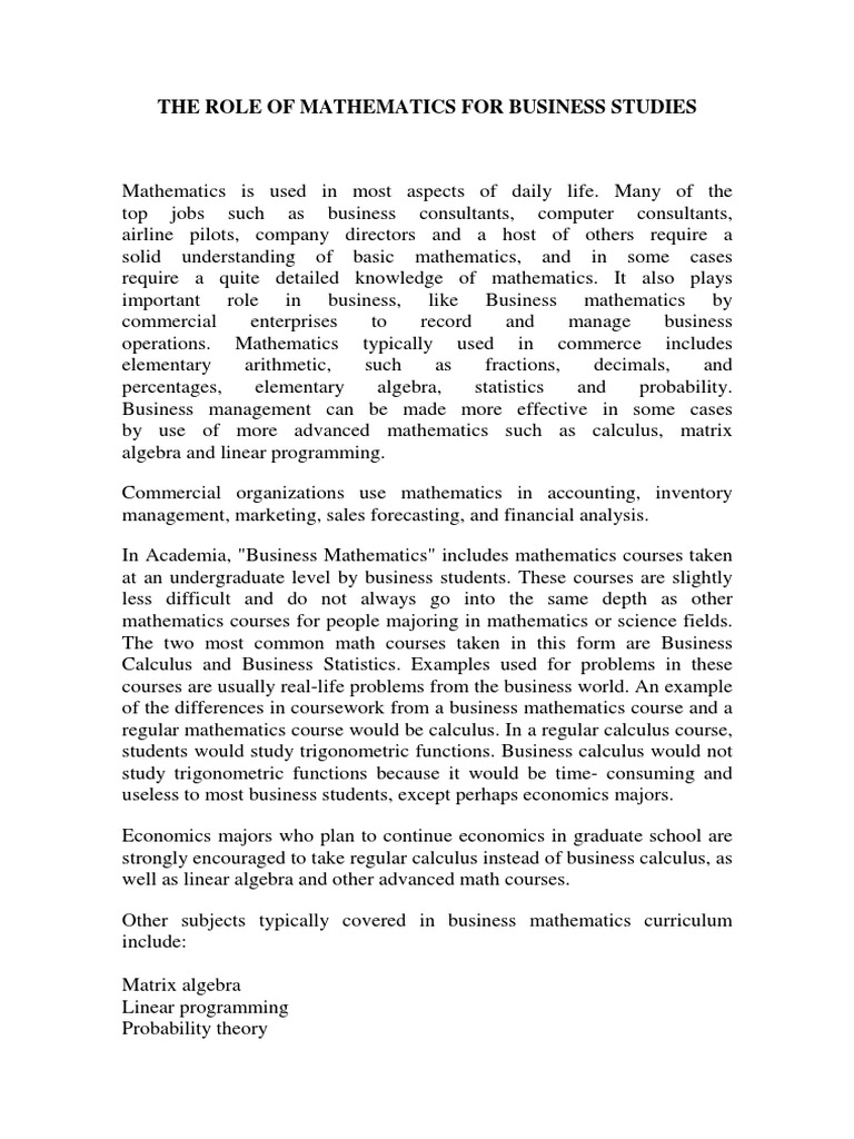 The Role of Mathematics in Business Studies PDF | PDF | Teaching ...